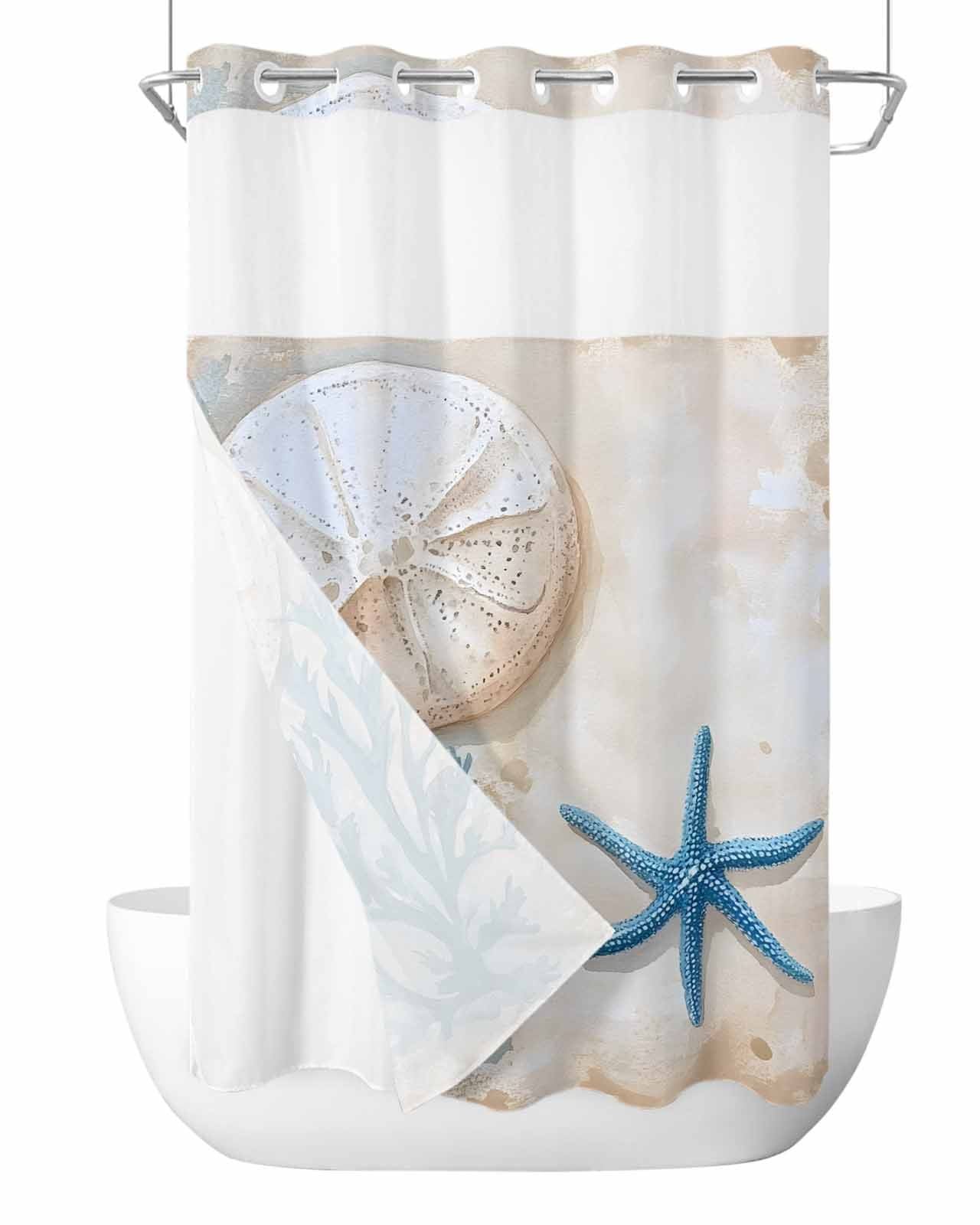 No Hook Shower Curtains with Snap in Liner, Blue Beige Coastal Fabric Shower Curtain, Summer ...
