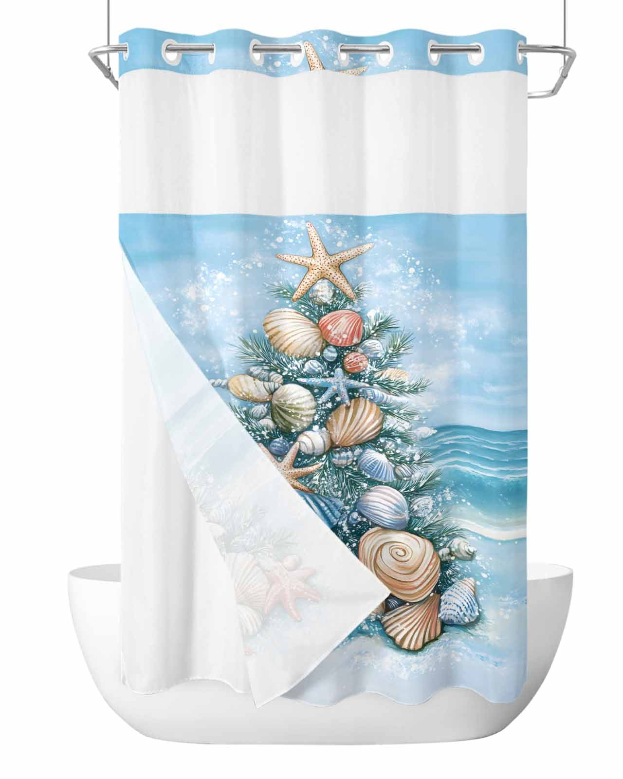 No Hook Shower Curtains with Snap in Liner, Blue Coastal Fabric Shower ...