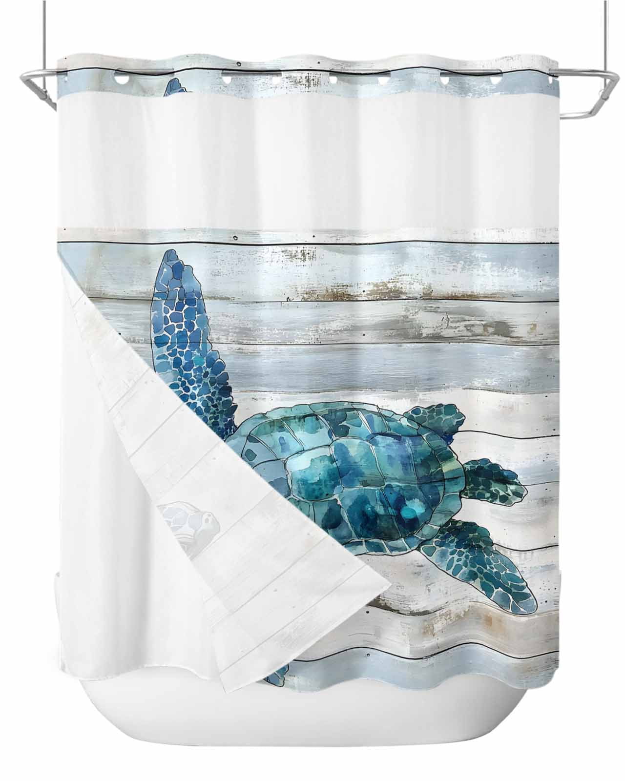 No Hook Shower Curtains with Snap in Liner, Blue Coastal Turtle ...