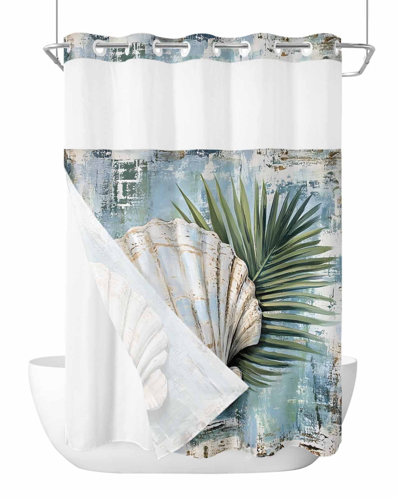 No Hook Shower Curtains with Snap in Liner, Blue Coastal Waterproof ...