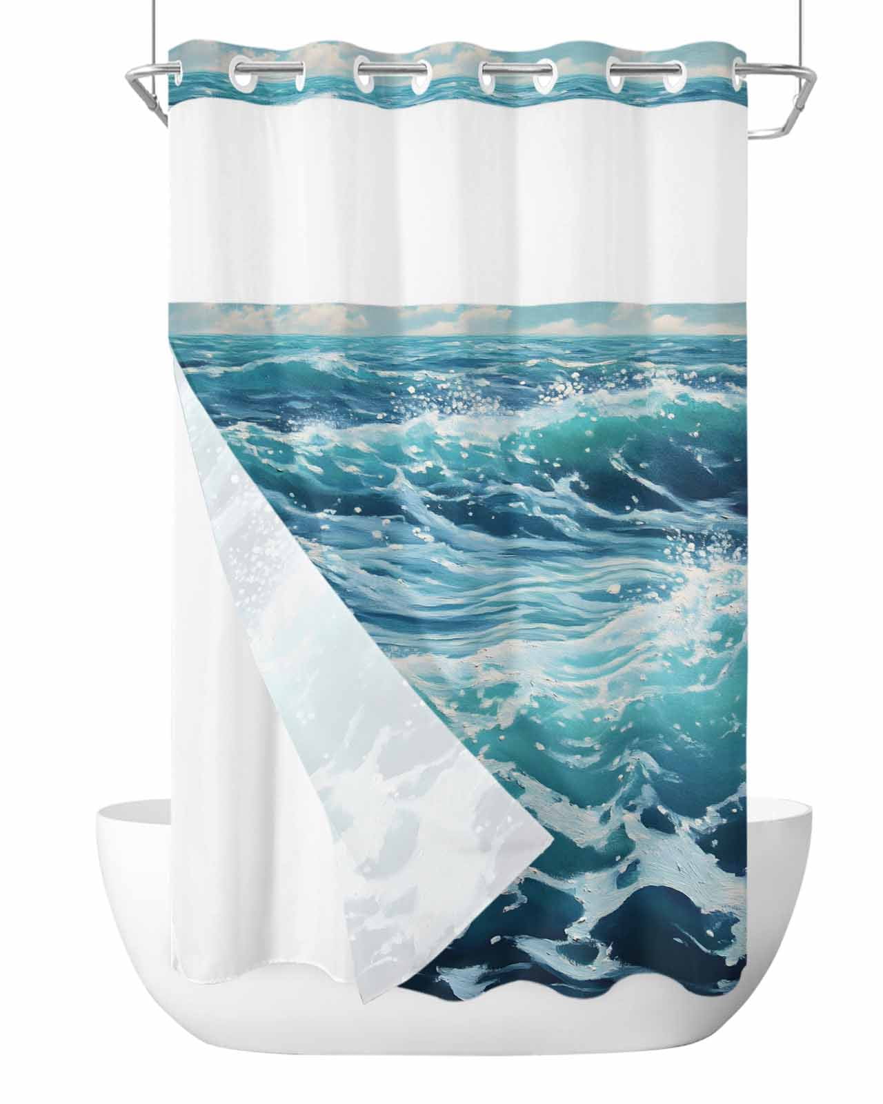 No Hook Shower Curtains with Snap in Liner, Blue Coastal Waterproof ...