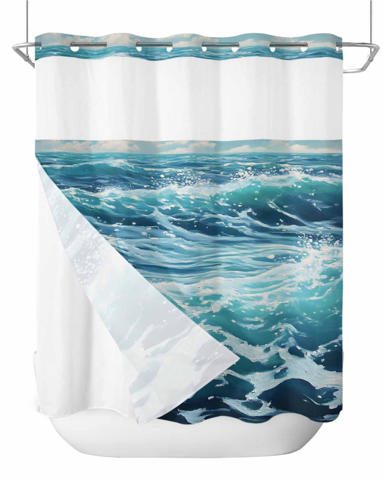 No Hook Shower Curtains with Snap in Liner, Blue Coastal Waterproof ...