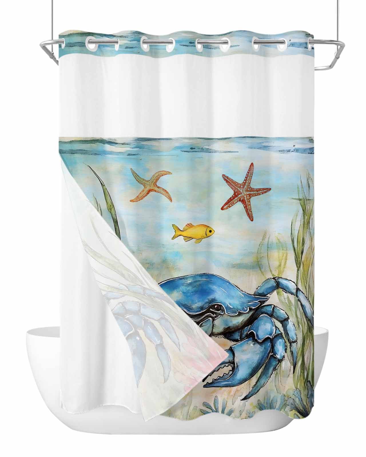 No Hook Shower Curtains with Snap in Liner, Blue Crab Coastal ...