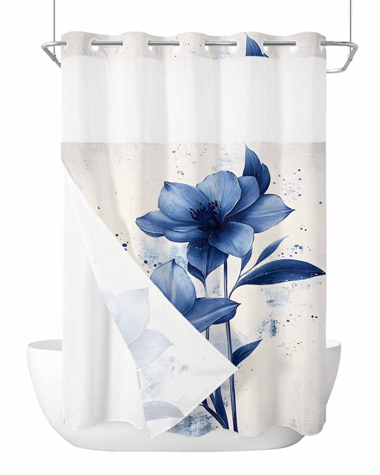 No Hook Shower Curtains with Snap in Liner, Blue Flower Waterproof ...