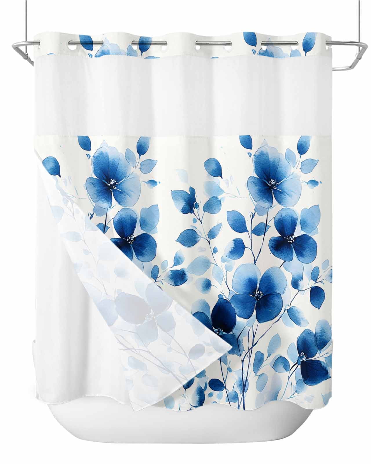 No Hook Shower Curtains with Snap in Liner, Blue Flowers Waterproof ...