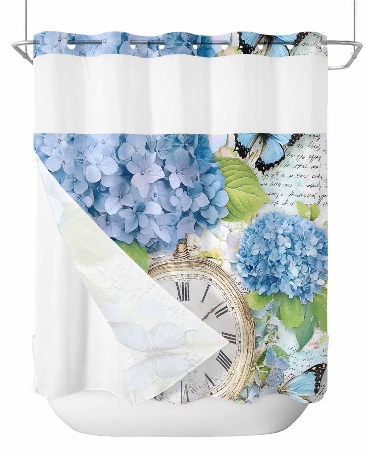 No Hook Shower Curtains with Snap in Liner, Blue Hydrangea Retro ...