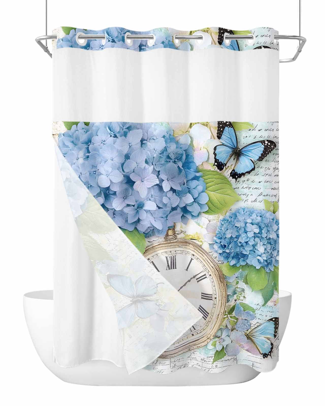 No Hook Shower Curtains with Snap in Liner, Blue Hydrangea Retro ...