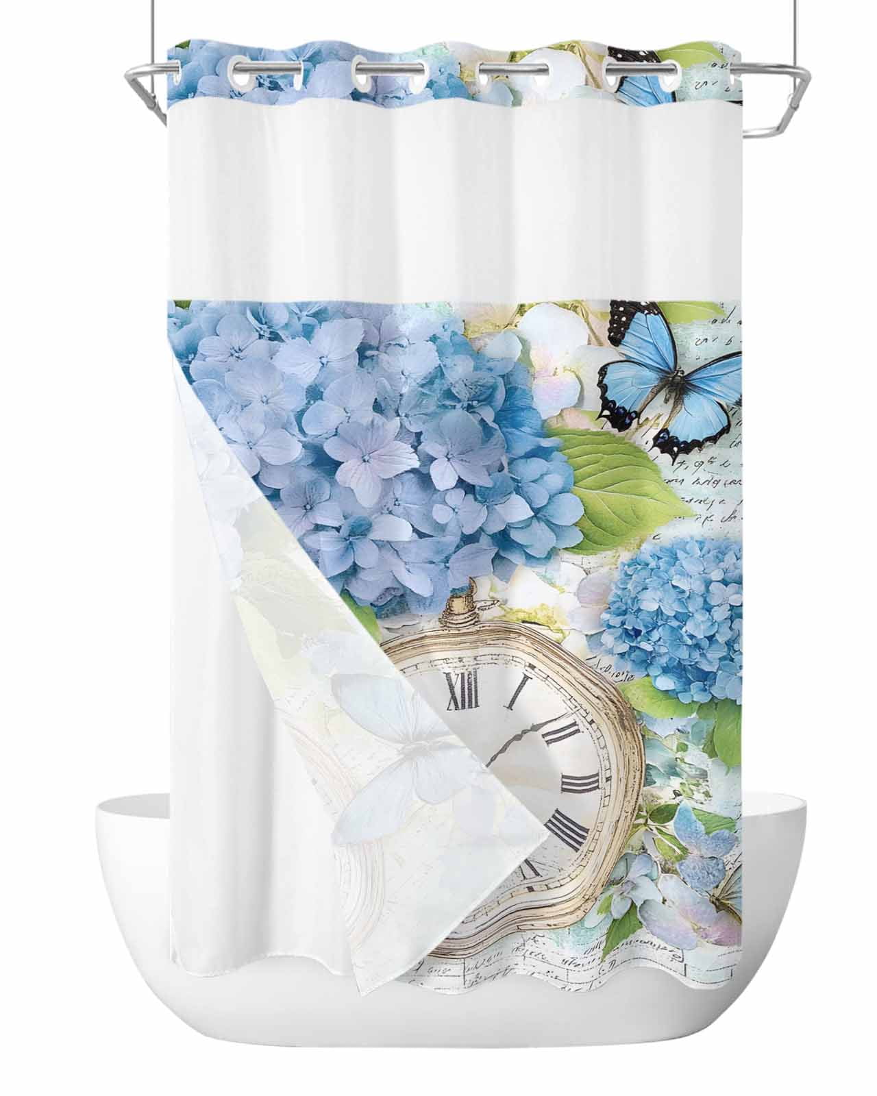 No Hook Shower Curtains with Snap in Liner, Blue Hydrangea Retro Waterproof Fabric Shower ...