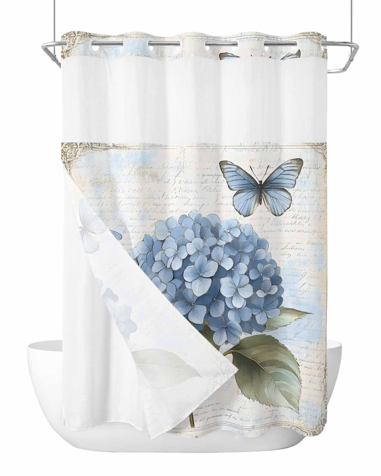 No Hook Shower Curtains with Snap in Liner, Blue Hydrangea Retro ...