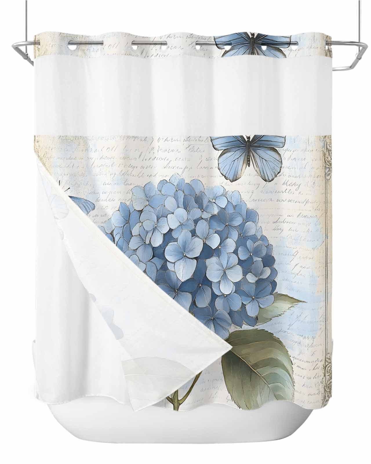 No Hook Shower Curtains with Snap in Liner, Blue Hydrangea Retro ...