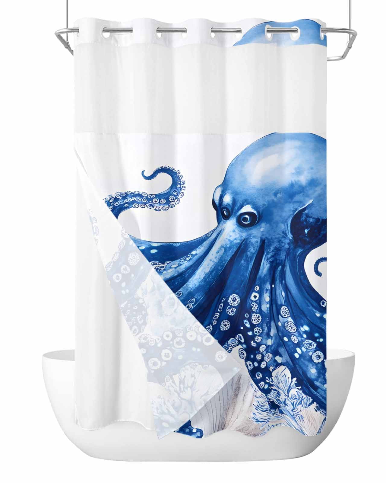 No Hook Shower Curtains with Snap in Liner, Blue Octopus Coastal ...