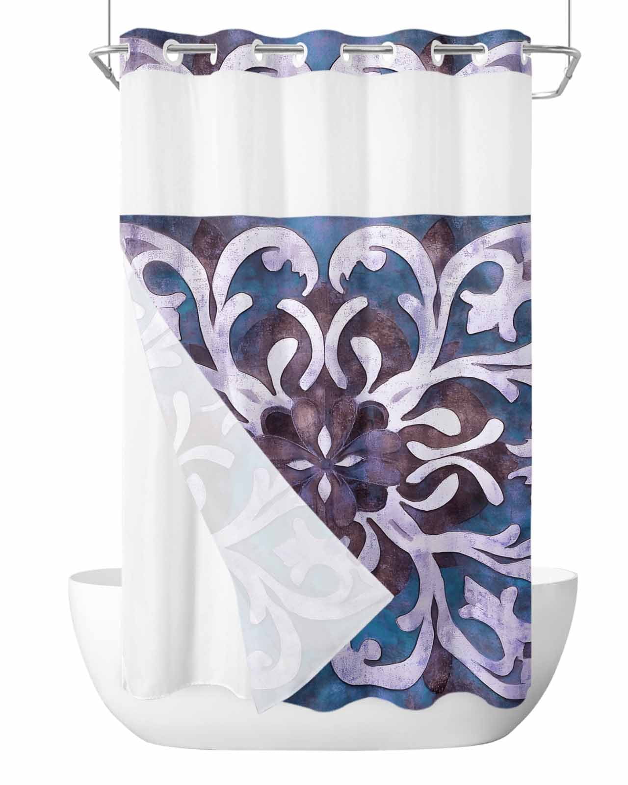 No Hook Shower Curtains with Snap in Liner, Blue Purple Ethnic ...