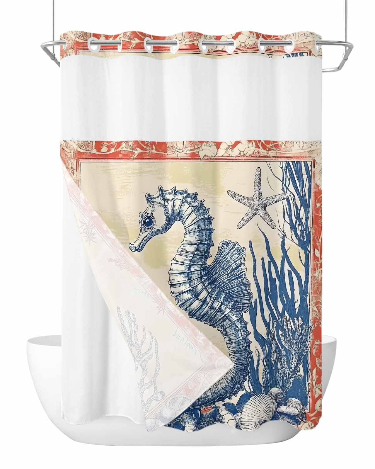 No Hook Shower Curtains with Snap in Liner, Blue Red Coastal Waterproof ...