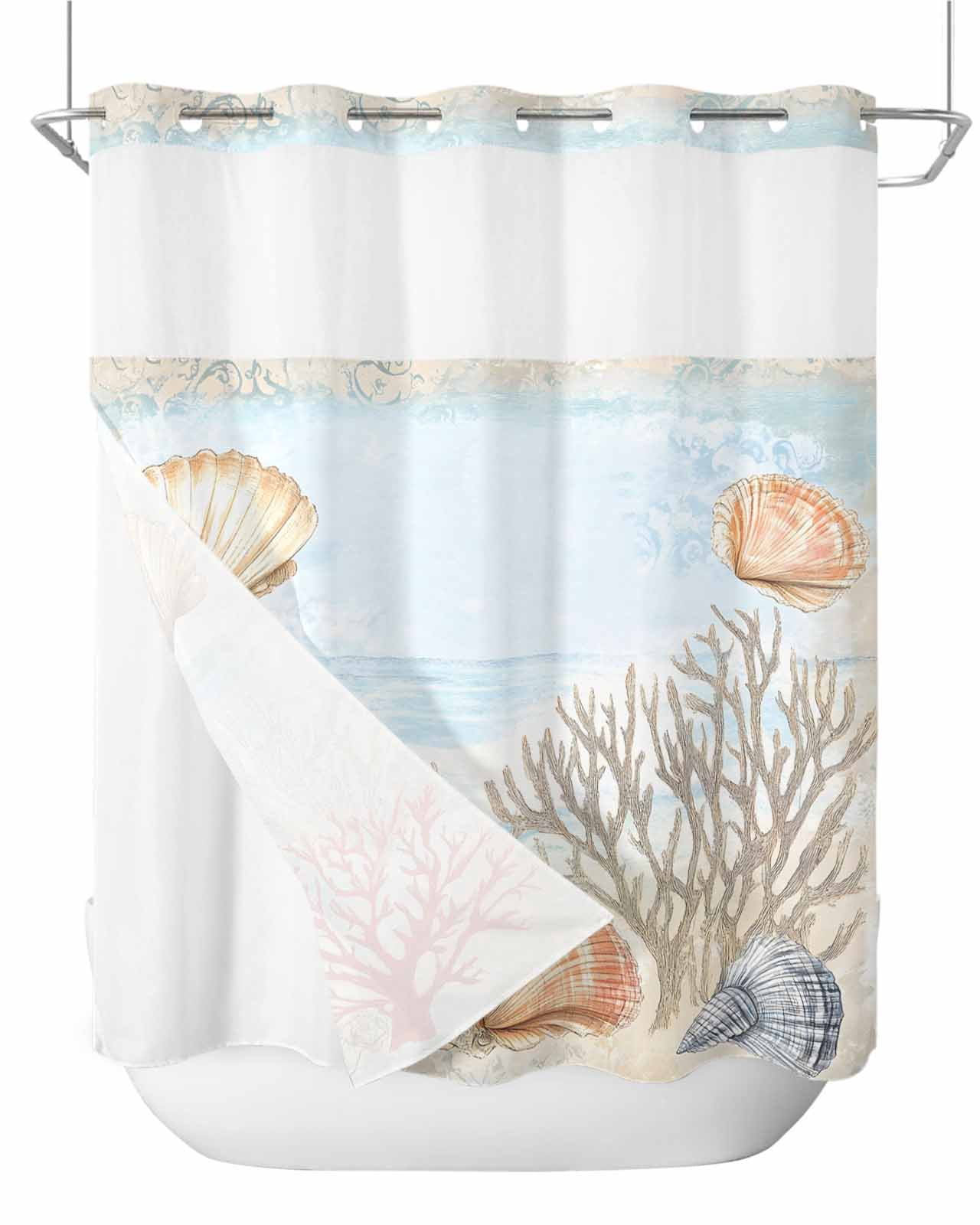 No Hook Shower Curtains with Snap in Liner, Blue Red Coastal Waterproof ...