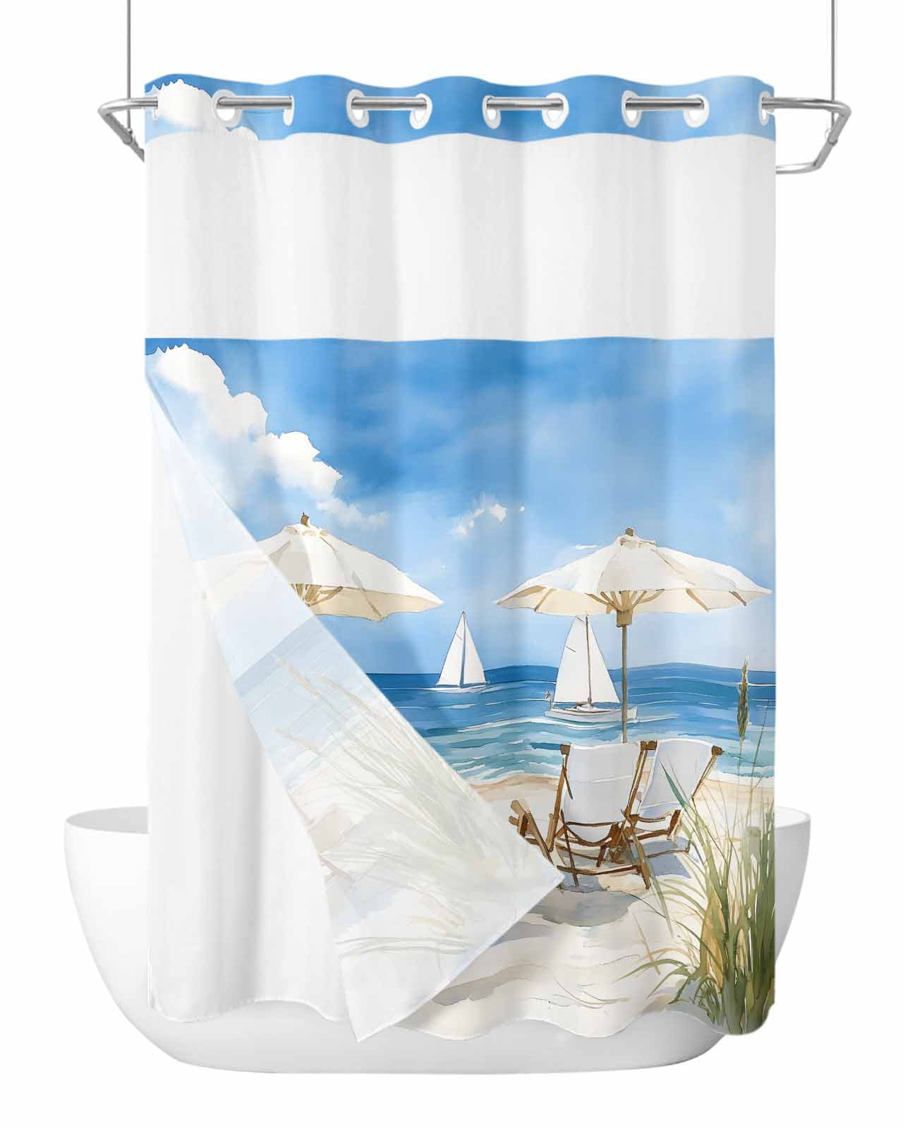 No Hook Shower Curtains with Snap in Liner, Blue Sea Wave Waterproof ...