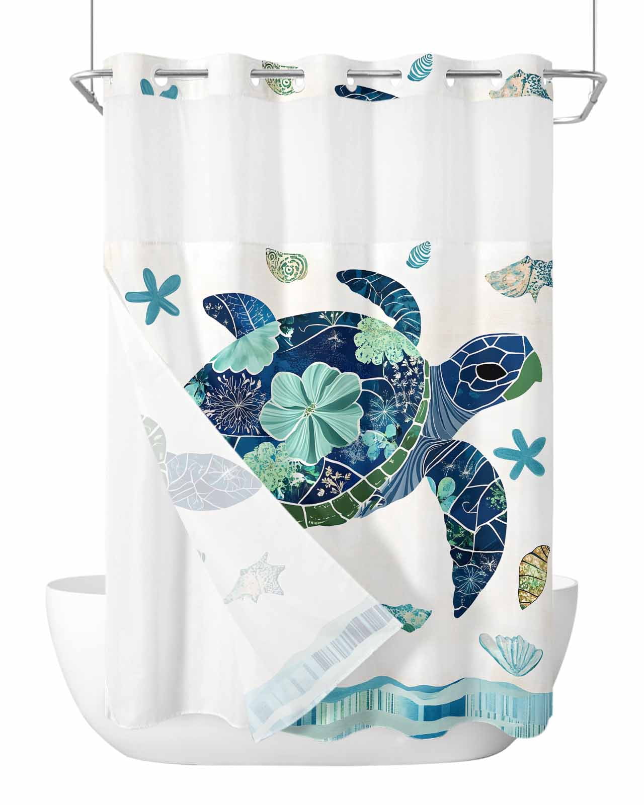 No Hook Shower Curtains with Snap in Liner, Blue Teal Coastal Turtle ...