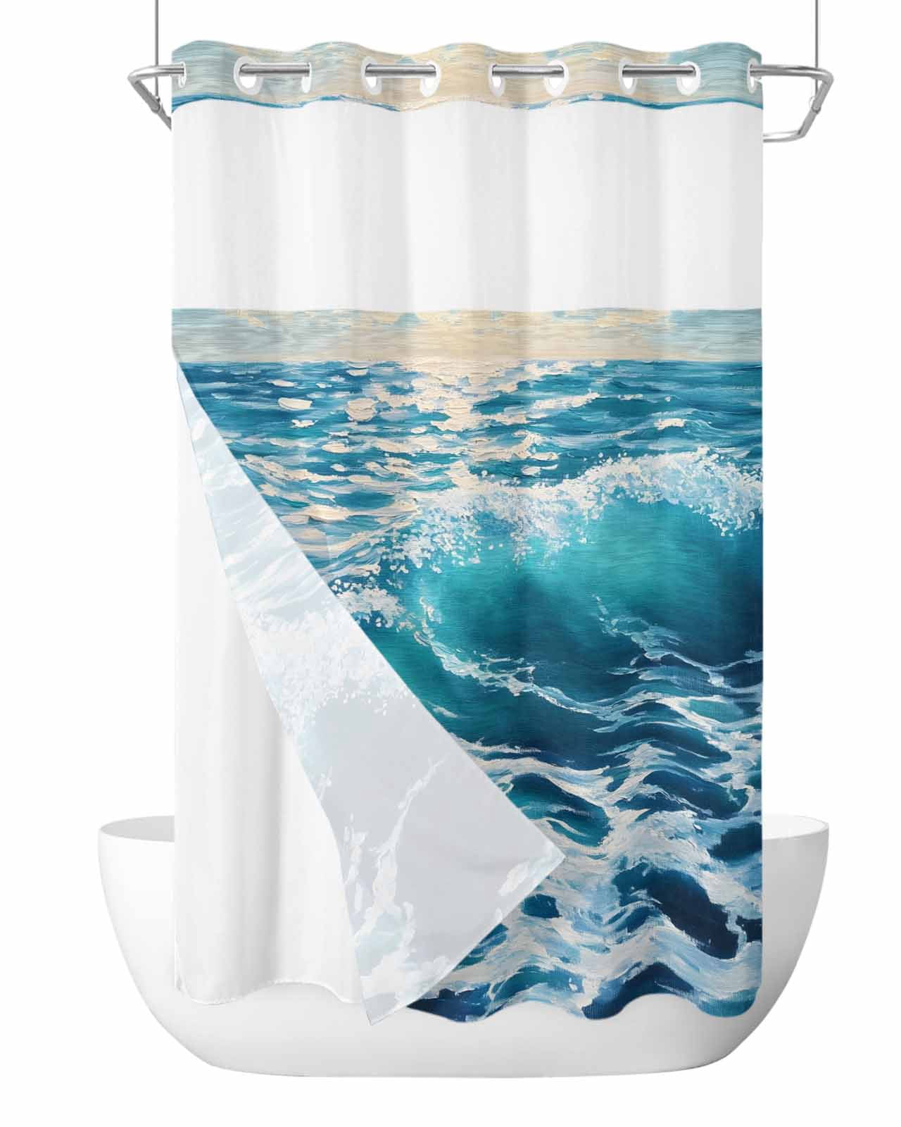 No Hook Shower Curtains with Snap in Liner, Blue Teal Coastal ...
