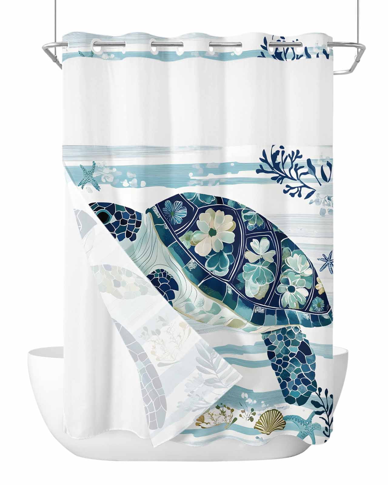 No Hook Shower Curtains with Snap in Liner, Blue Teal Coastal ...