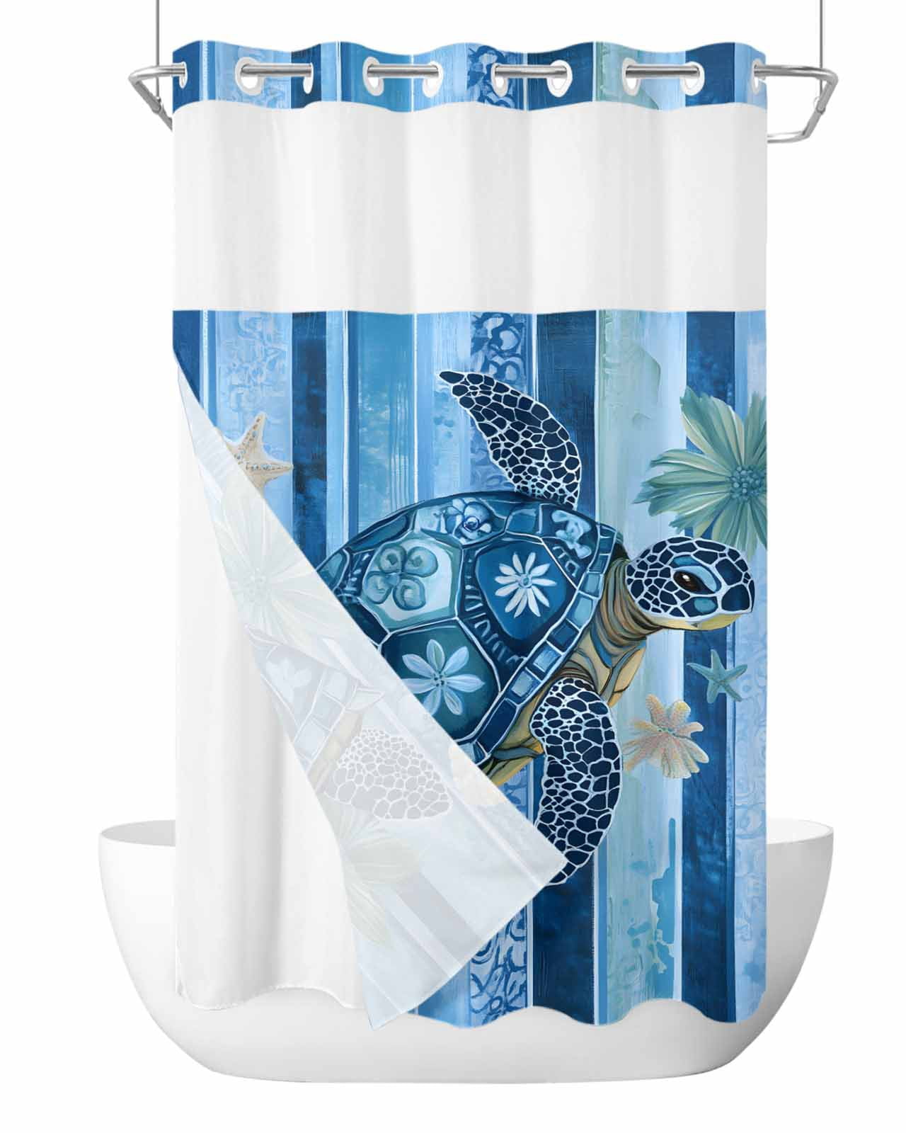 No Hook Shower Curtains with Snap in Liner, Blue Turtle Coastal ...