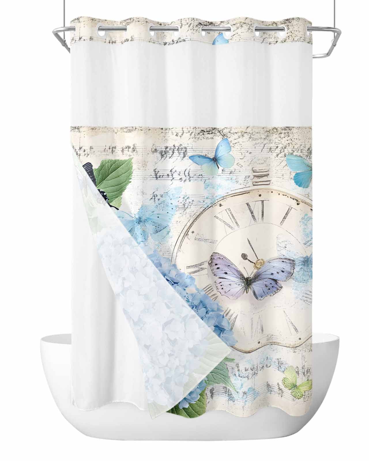 No Hook Shower Curtains with Snap in Liner, Blue Vintage Hydrangea ...