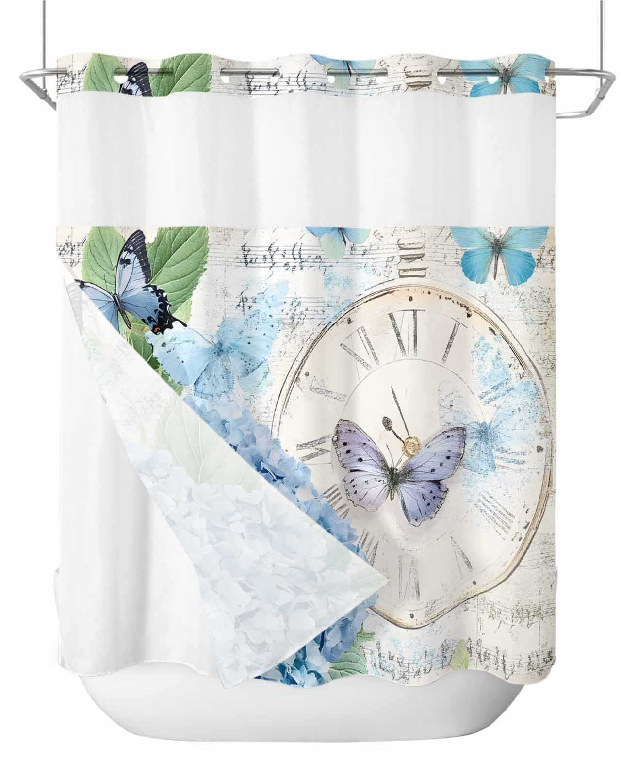 No Hook Shower Curtains with Snap in Liner, Blue Vintage Hydrangea ...