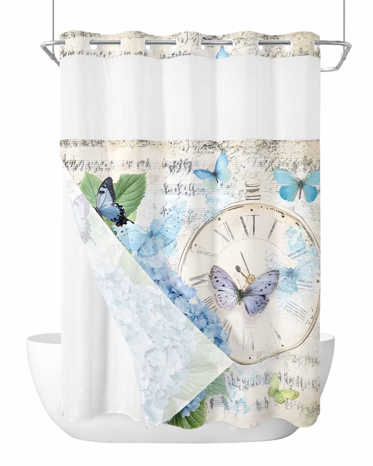 No Hook Shower Curtains with Snap in Liner, Blue Vintage Hydrangea ...