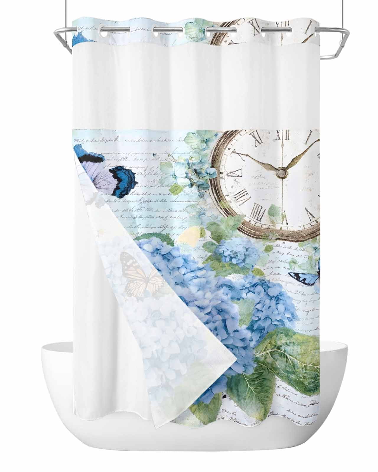 No Hook Shower Curtains with Snap in Liner, Blue Vintage Hydrangea ...