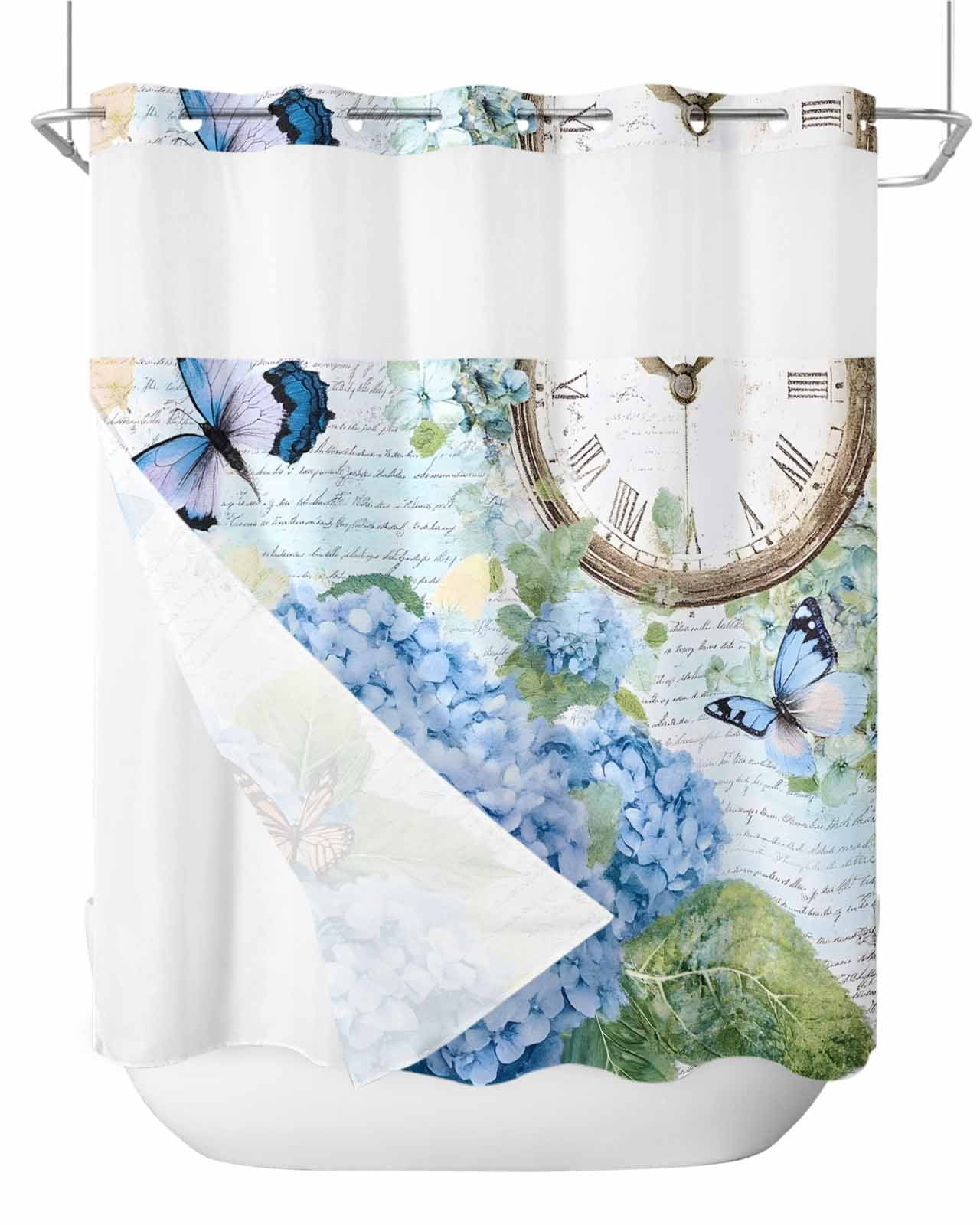 No Hook Shower Curtains with Snap in Liner, Blue Vintage Hydrangea ...
