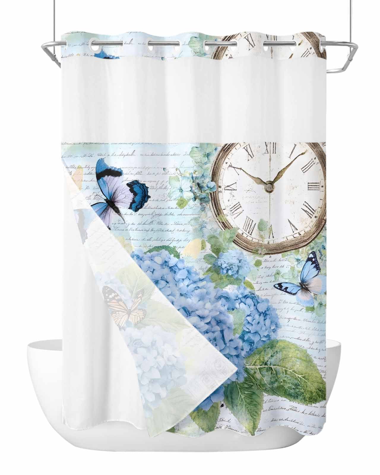 No Hook Shower Curtains with Snap in Liner, Blue Vintage Hydrangea ...