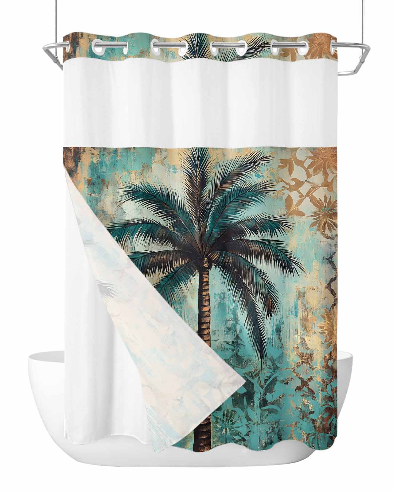 No Hook Shower Curtains with Snap in Liner, Boho Beach Tree Waterproof ...