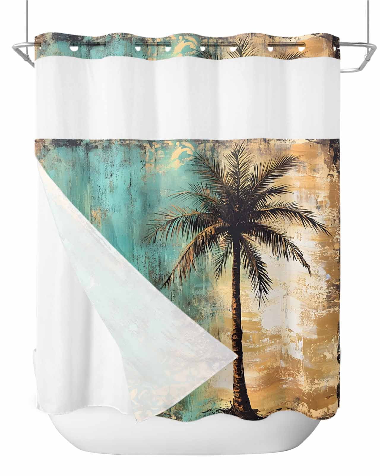 No Hook Shower Curtains with Snap in Liner, Boho Coastal Beach Fabric ...