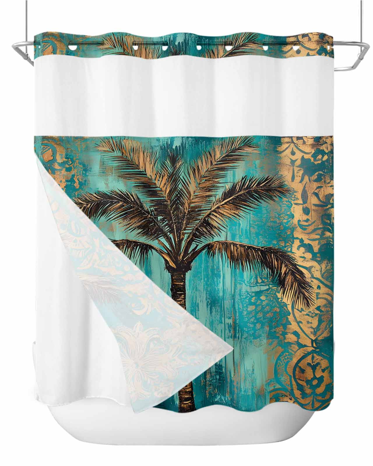 No Hook Shower Curtains with Snap in Liner, Boho Coastal Beach ...