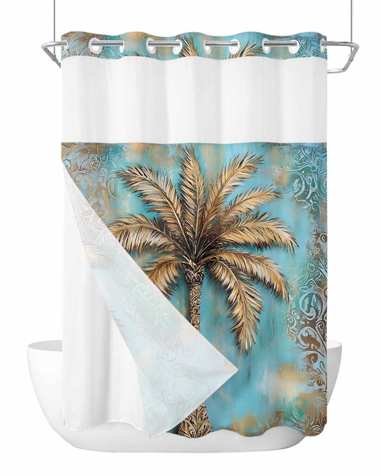 No Hook Shower Curtains with Snap in Liner, Boho Coastal Beach ...