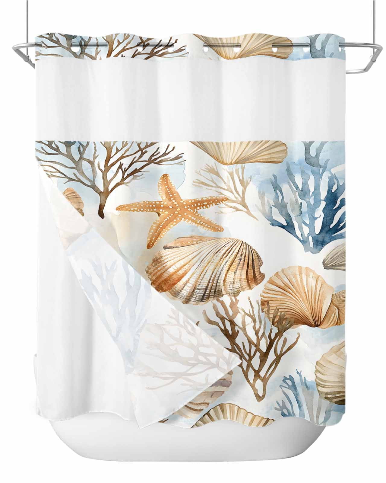 No Hook Shower Curtains with Snap in Liner, Brown Blue Beach Coastal ...