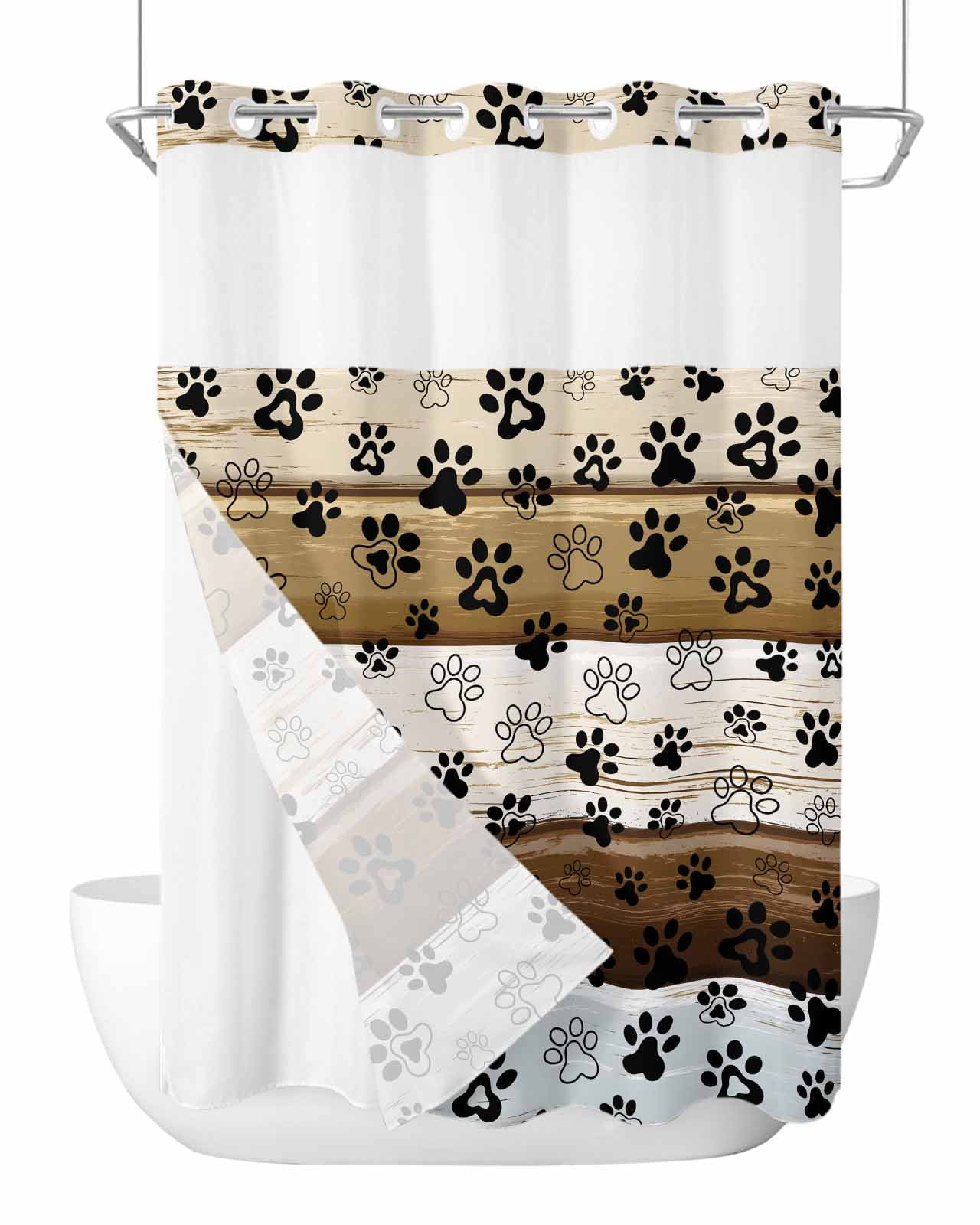 No Hook Shower Curtains with Snap in Liner, Brown Dog Paw Print Waterproof Fabric Shower Curtain ...
