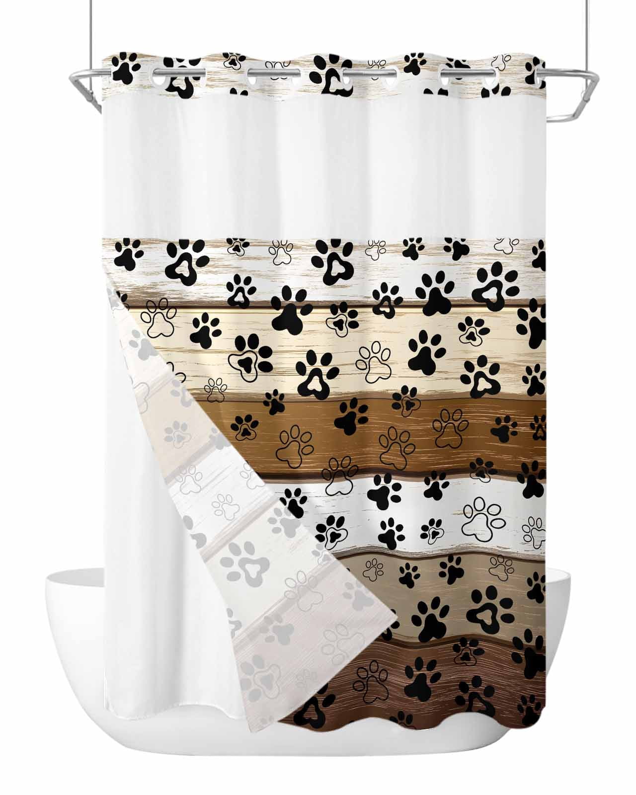 No Hook Shower Curtains with Snap in Liner, Brown Pet Paw Print Fabric ...