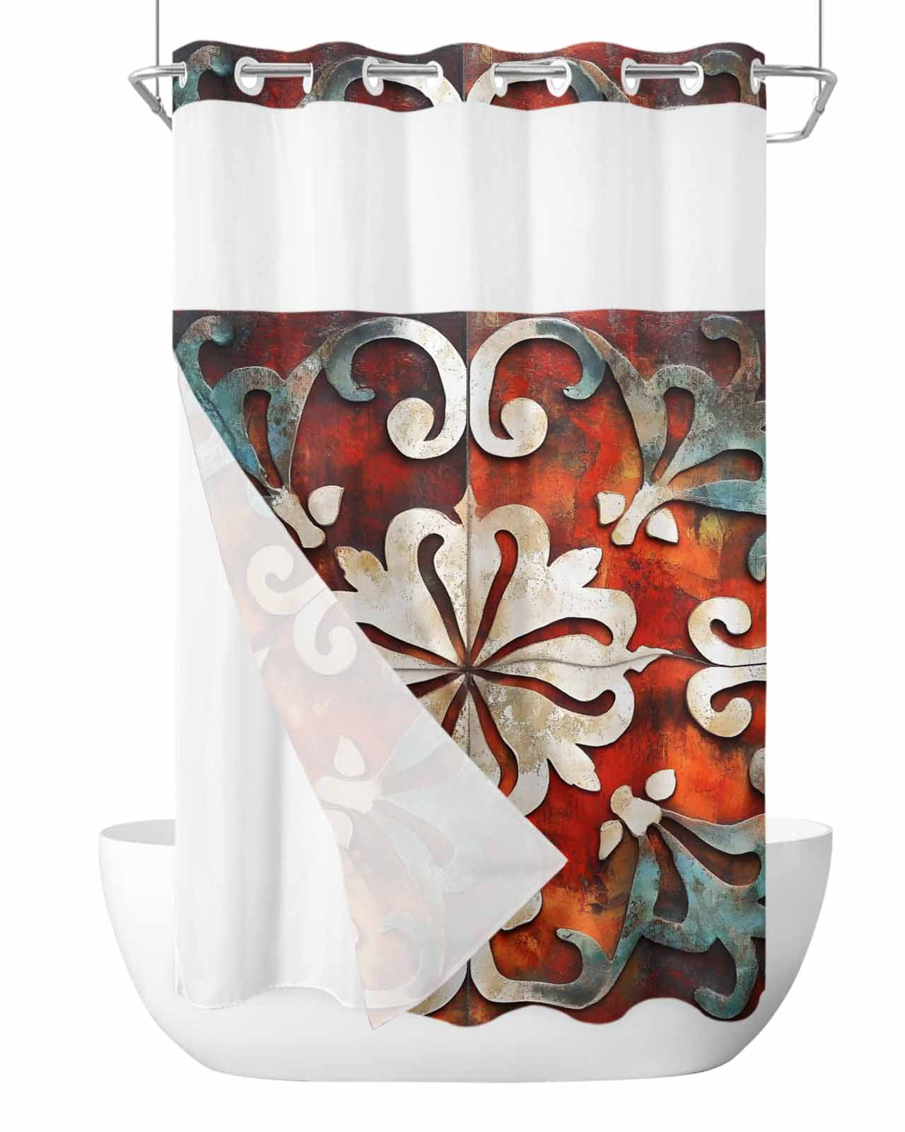 No Hook Shower Curtains with Snap in Liner, Burnt Orange Ethnic Waterproof Fabric Shower Curtain ...