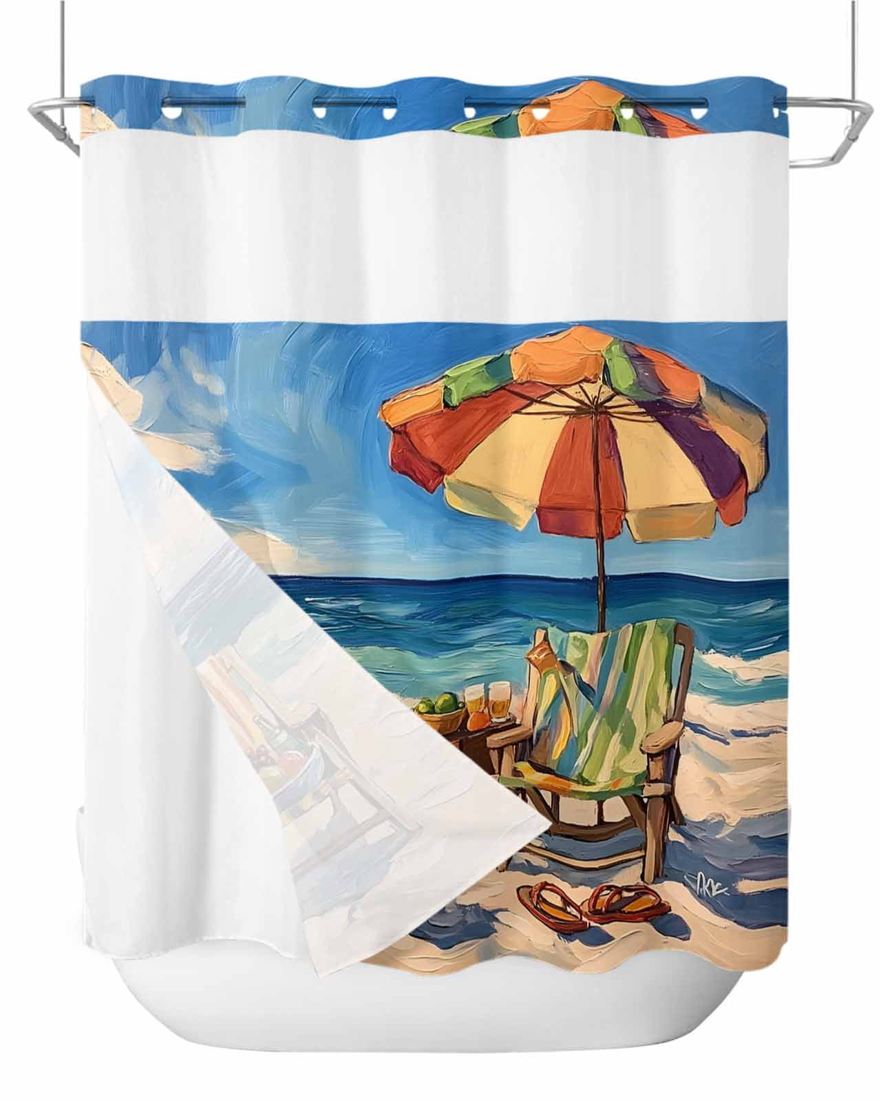 No Hook Shower Curtains with Snap in Liner, Coastal Beach Fabric Shower ...