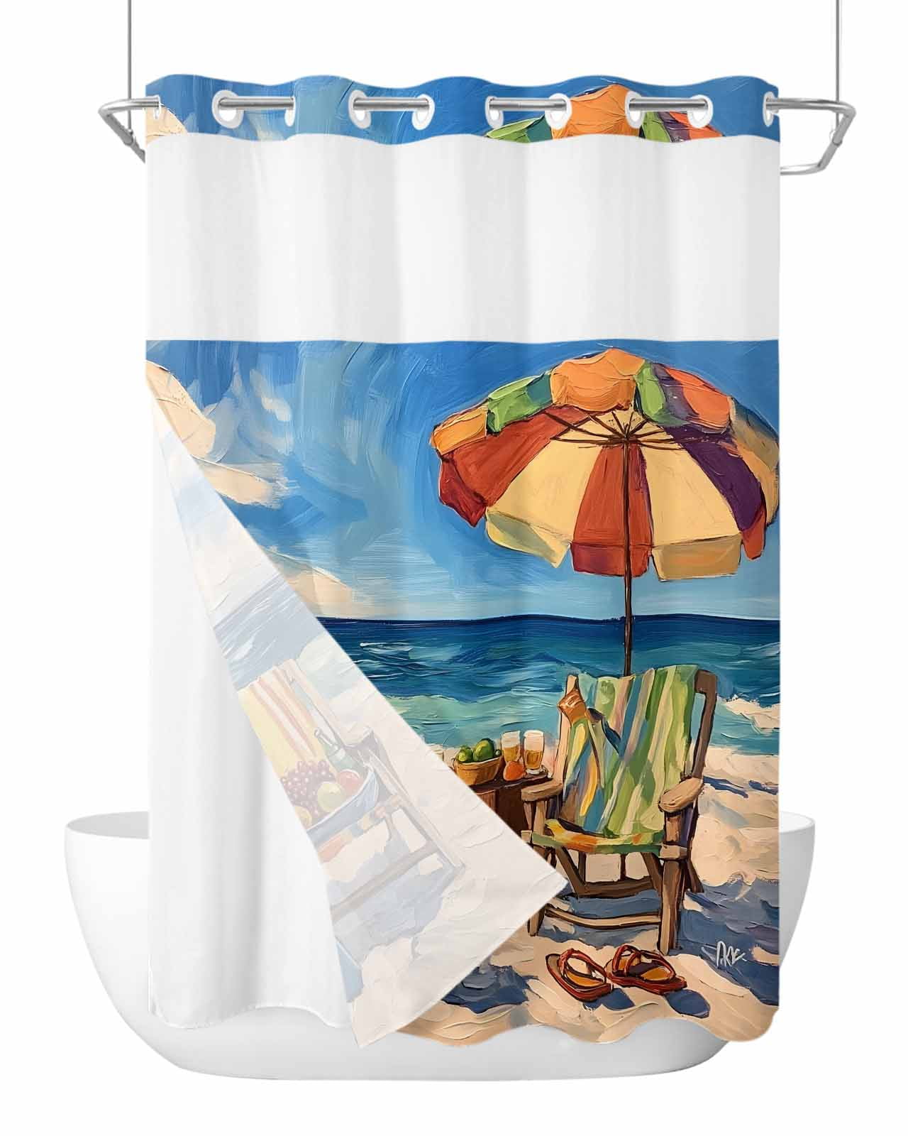No Hook Shower Curtains with Snap in Liner, Coastal Beach Fabric Shower ...