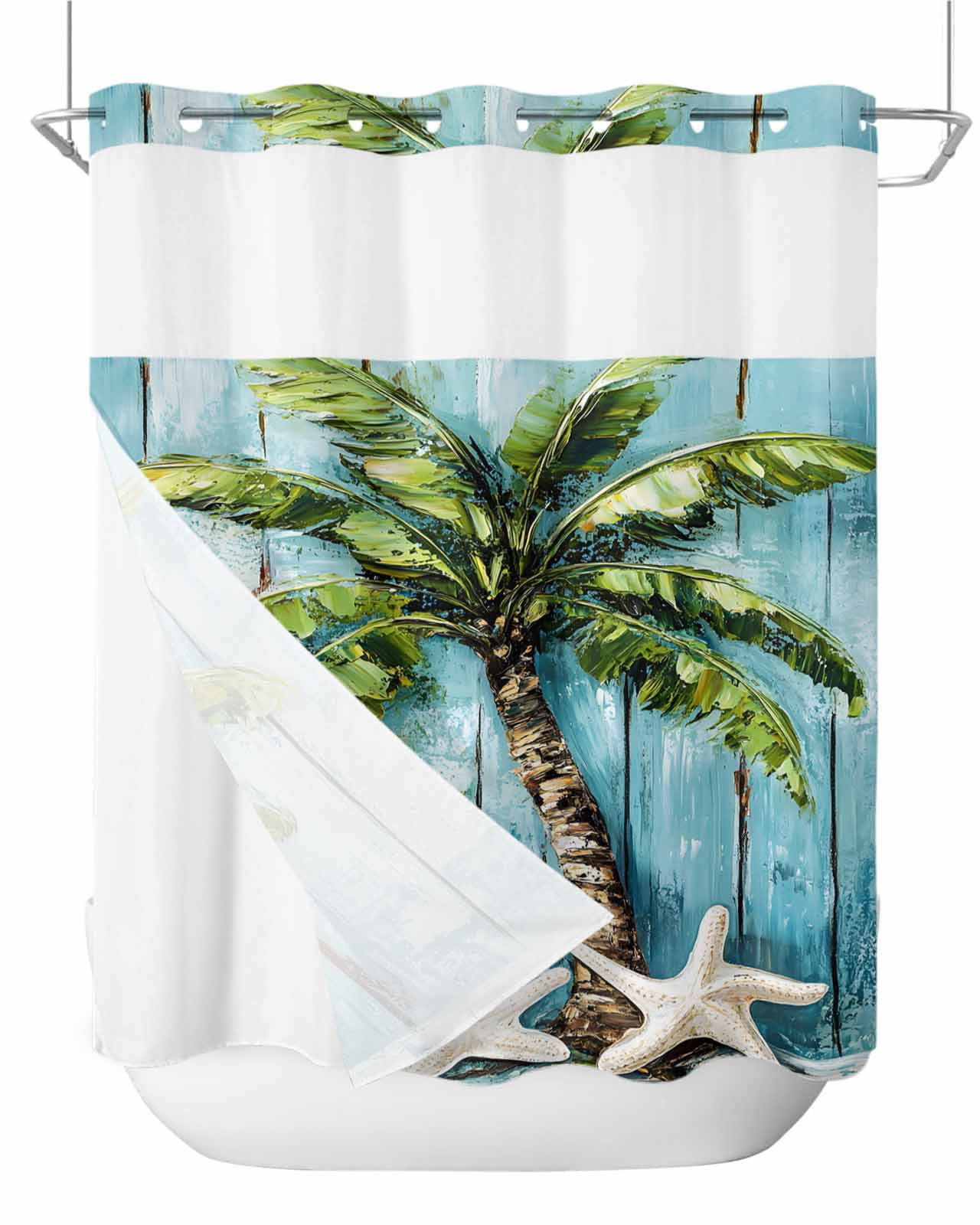 No Hook Shower Curtains with Snap in Liner, Coastal Beach Starfish ...