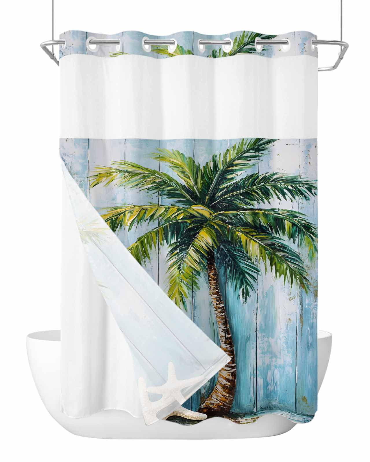 No Hook Shower Curtains with Snap in Liner, Coastal Beach Tree Fabric ...