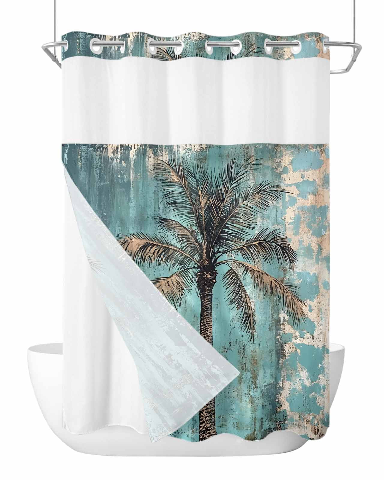 No Hook Shower Curtains with Snap in Liner, Coastal Beach Tree Green ...