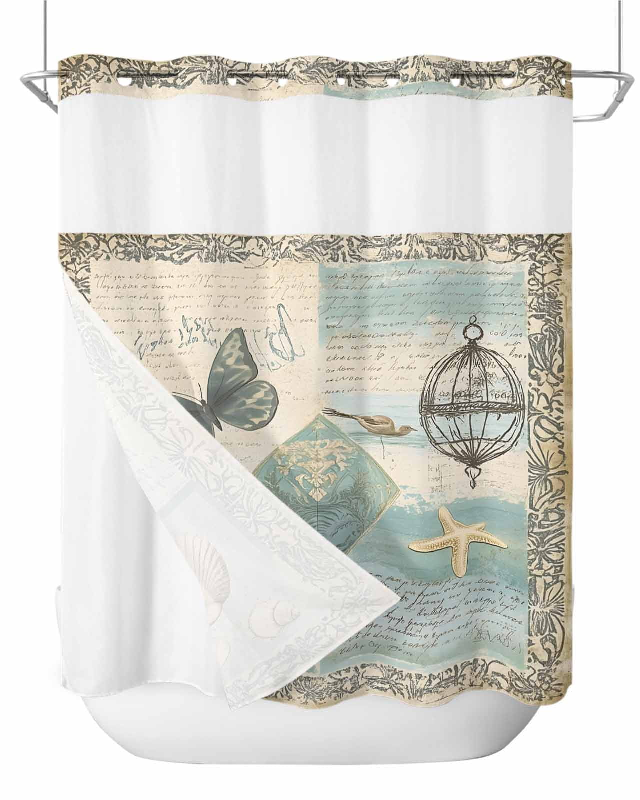No Hook Shower Curtains with Snap in Liner, Coastal Beach Waterproof ...