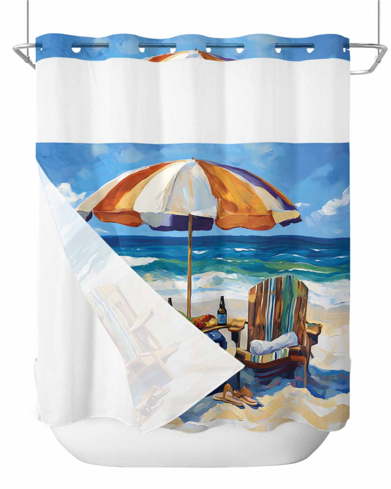 No Hook Shower Curtains with Snap in Liner, Coastal Beach Waterproof ...