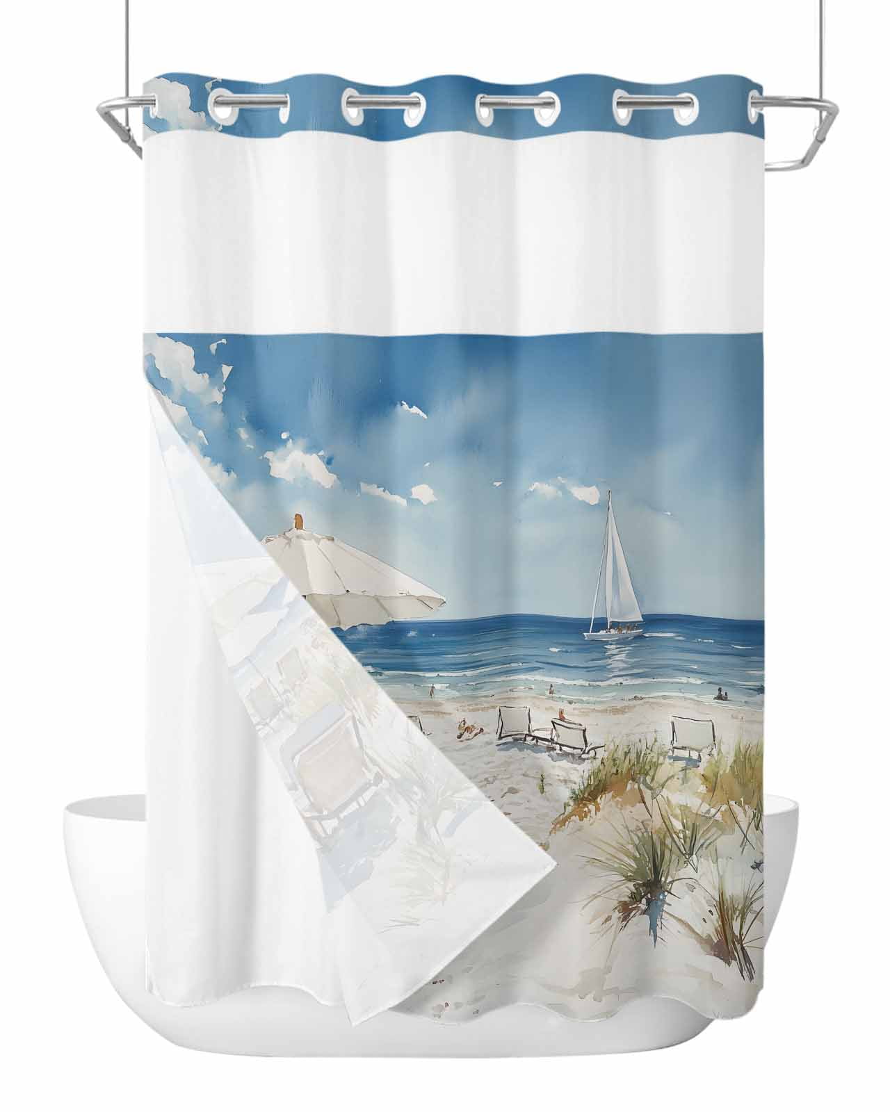 No Hook Shower Curtains with Snap in Liner, Coastal Beach Wave Fabric ...