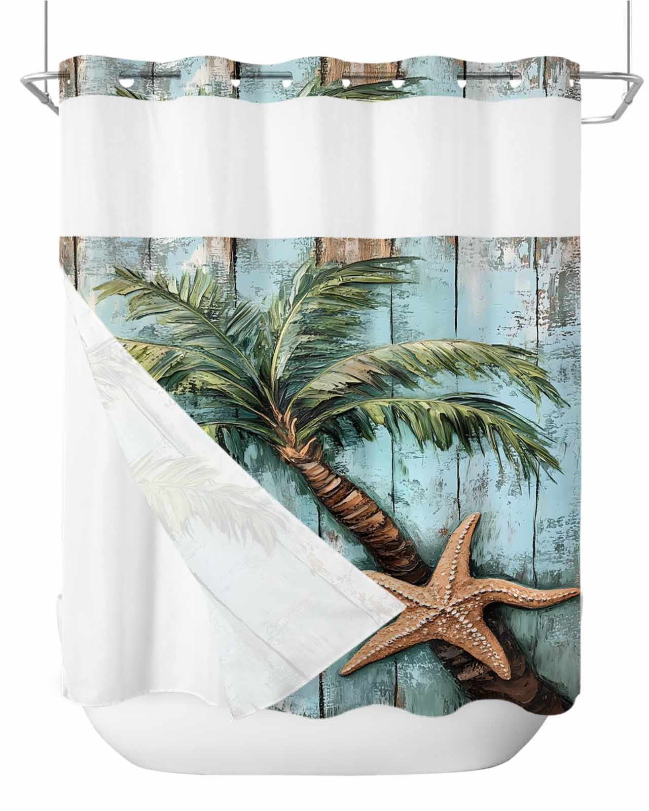 No Hook Shower Curtains with Snap in Liner, Coastal Blue Green Tree ...