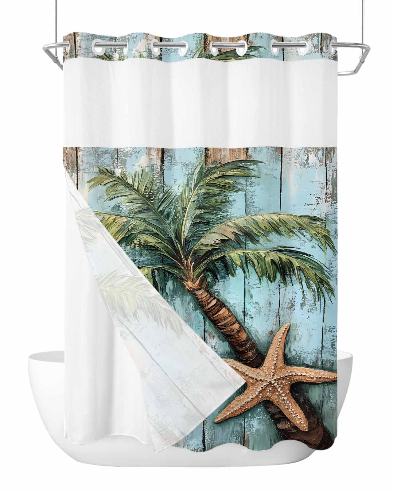 No Hook Shower Curtains with Snap in Liner, Coastal Blue Green Tree ...