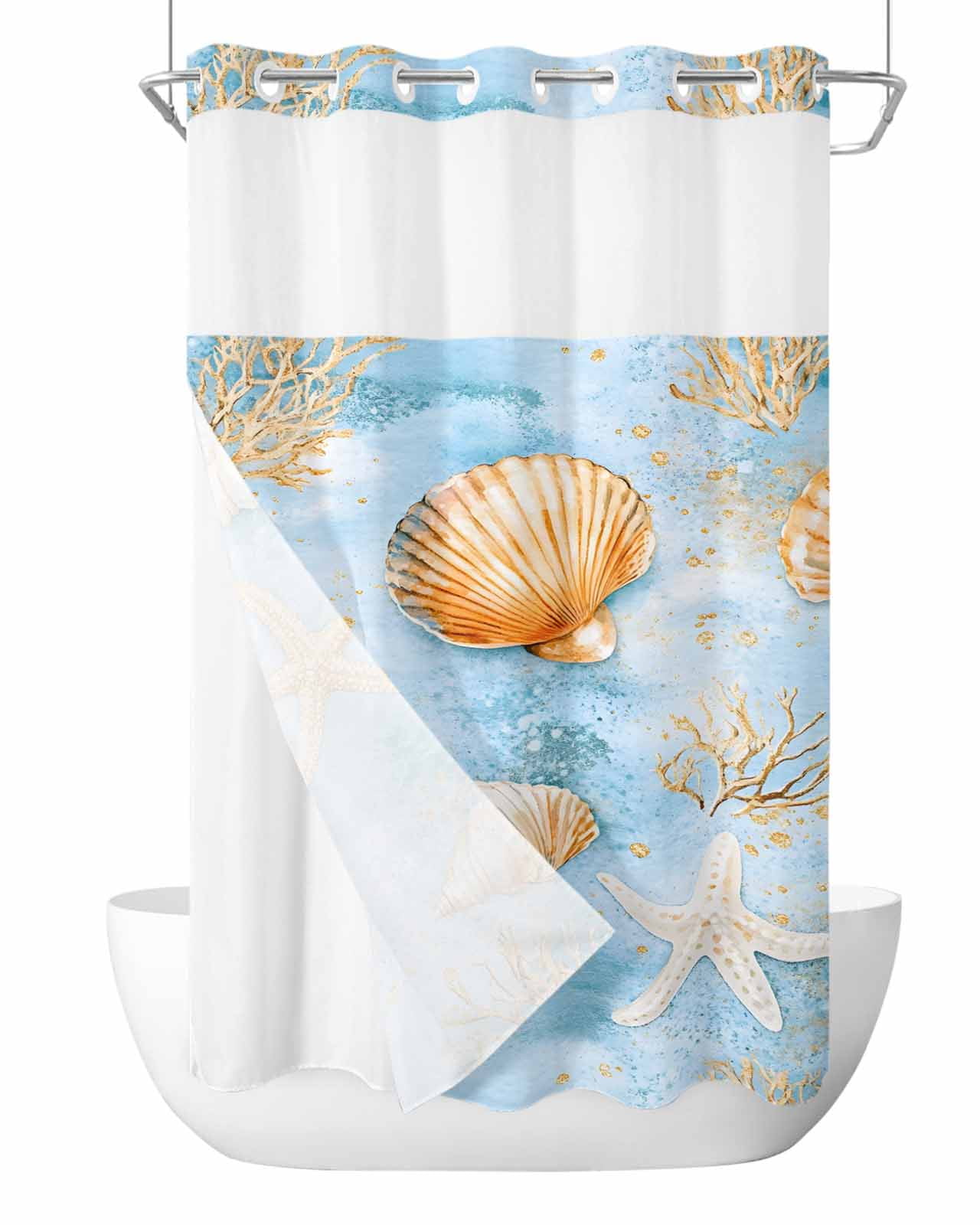 No Hook Shower Curtains with Snap in Liner, Coastal Fabric Shower ...