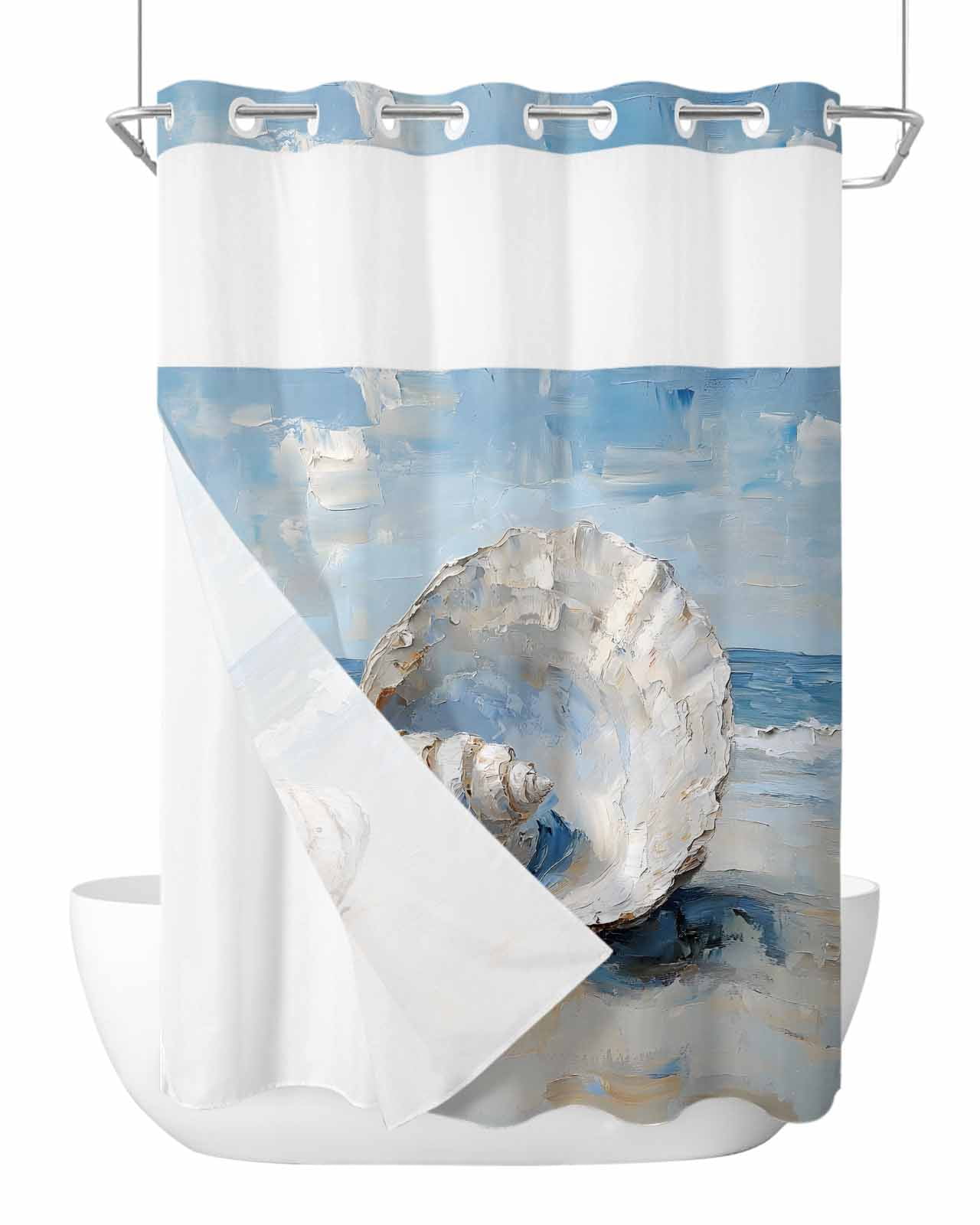 No Hook Shower Curtains with Snap in Liner, Coastal Ocean Shells Fabric ...