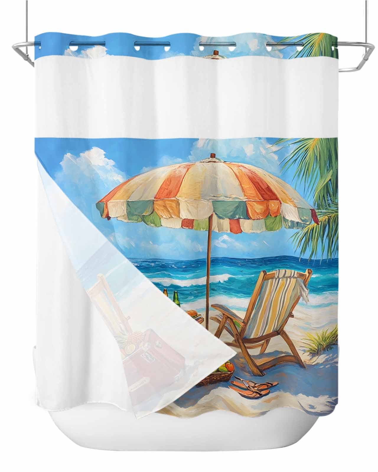 No Hook Shower Curtains with Snap in Liner, Coastal Sea Wave Blue ...